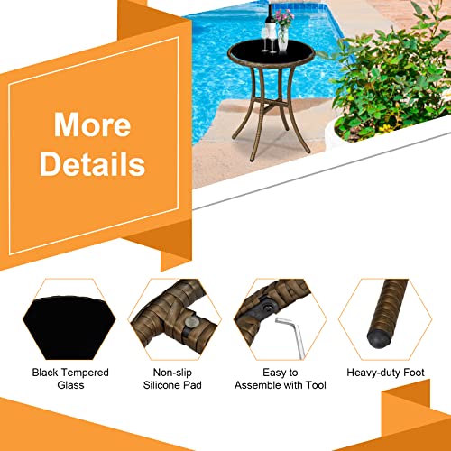 Patio PE Rattan Side Table, Outdoor Round Wicker Covered Edge with Tempered Glass Top, Rattan Iron Frame Table Coffee Dining Table for Lawn, Garden, Pool(Brown)