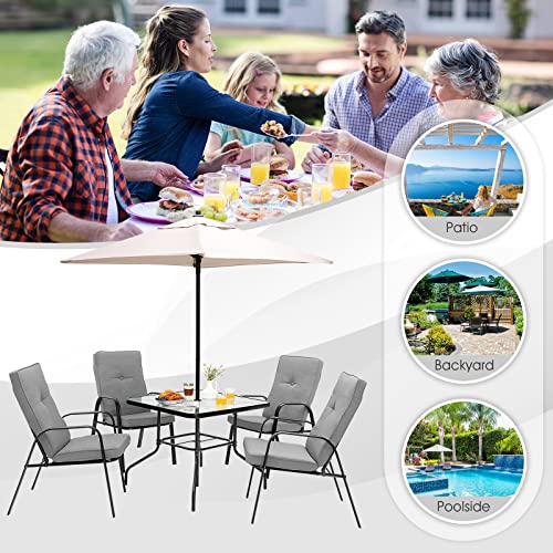 Tangkula 5 Piece Patio Dining Set, Outdoor 35 Inches Square Tempered Glass Table with 1.65 Inches Umbrella Hole and 4 Stackable Dining Cushioned Chairs, Suitable for Poolside, Backyard, Garden