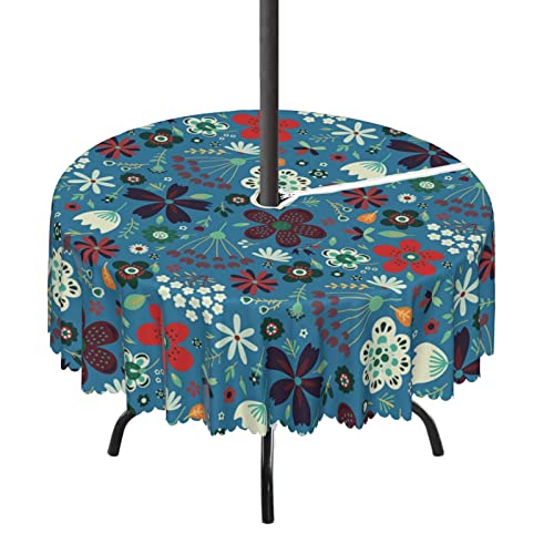 Botanical Pattern round outdoor tablecloth,Round Tablecloth with Umbrella Hole and Zipper for Patio Garden,Waterproof Spill-Proof,for Patio Garden Tabletop Decor(52" Round,Slate Blue Multicolor)