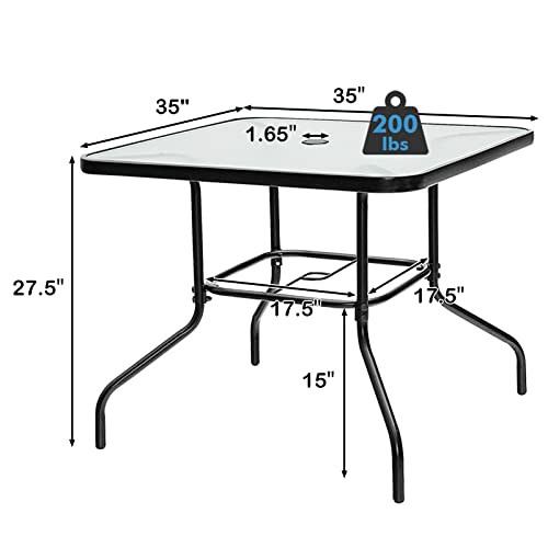 Tangkula 5 Piece Patio Dining Set, Outdoor 35 Inches Square Tempered Glass Table with 1.65 Inches Umbrella Hole and 4 Stackable Dining Cushioned Chairs, Suitable for Poolside, Backyard, Garden