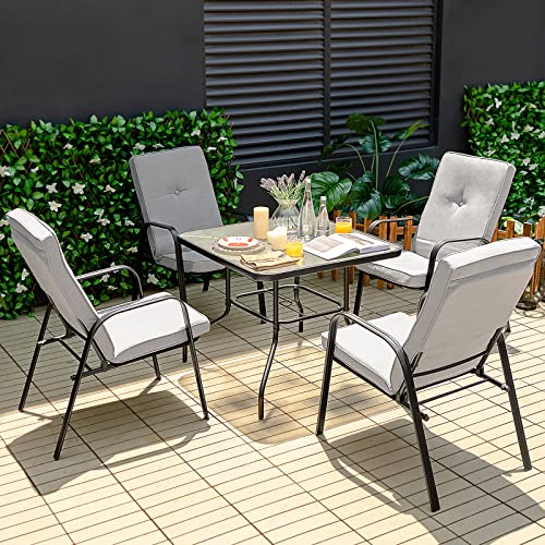 Tangkula 5 Piece Patio Dining Set, Outdoor 35 Inches Square Tempered Glass Table with 1.65 Inches Umbrella Hole and 4 Stackable Dining Cushioned Chairs, Suitable for Poolside, Backyard, Garden