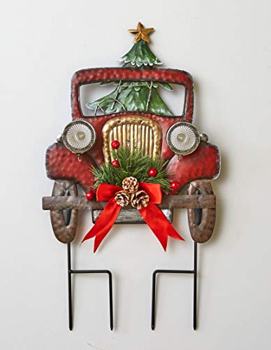Vintage Truck Christmas Garden Stake with Solar Lights, Faux Tree and Pinecones