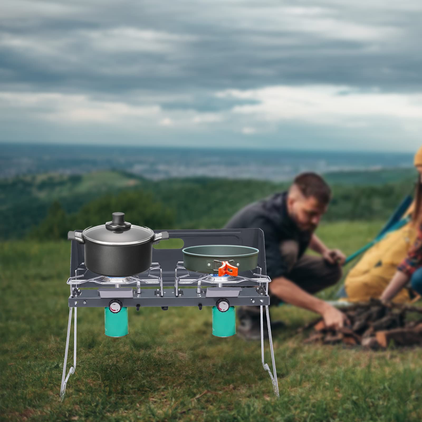 Stainless Steel Portable Butane Gas 9000w Dual Burner Gray Cooking Stove Camping Stoves with Foldable Legs Portable Bag and 3 Wind Panels for Party Picnic and Outdoor Cooking