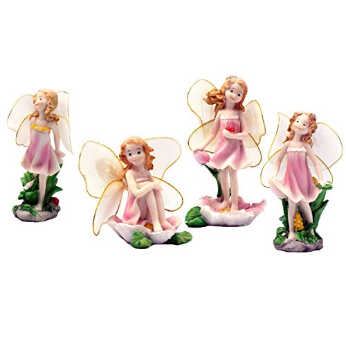 4 Pcs Flower Fairy Figurines Resin Elves Model Girl with Wings Statue Fairy Garden Miniature Moss Landscape DIY Terrarium Crafts Ornament Accessories for Home Décor