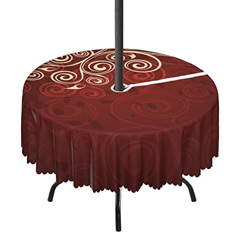 Lirduipu Burgundy Pattern Round Outdoor Tablecloth,Round Tablecloth with Umbrella Hole and Zipper for Patio Garden,Waterproof Spill-Proof,for Outdoor Umbrella Table(52" Round,Cream Ruby)