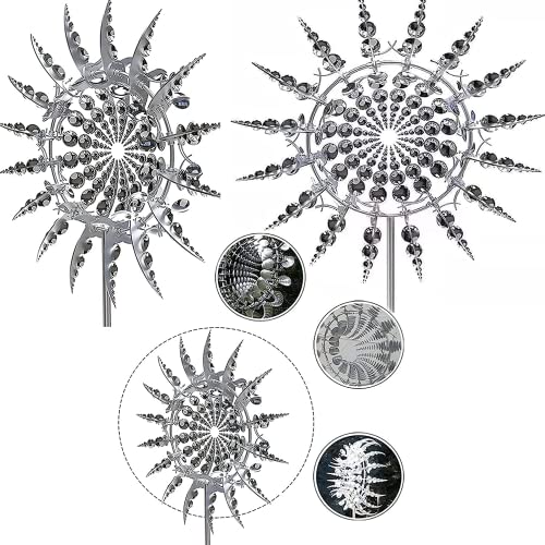 Magical Metal Windmill, 3D Wind Spinners, Windmills Wind Spinner for Yard and Garden, Wind Catchers Metal Outdoor Patio Decoration (Round-Sliver)