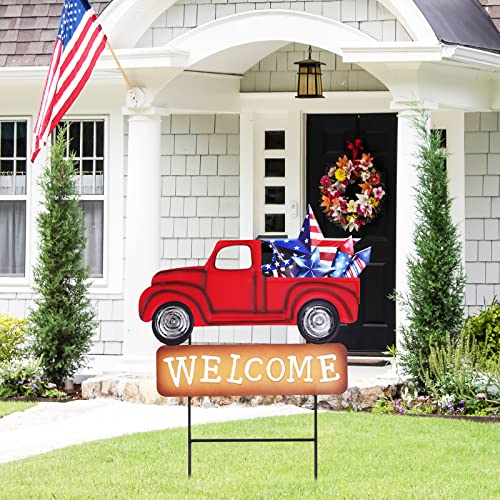 Whaline 4th of July Metal Yard Stakes Patriotic Yard Sign Spring Welcome Garden Stake Interchangeable Red Truck Garden Decor Set with Seasonal Sign Loads for Spring Fall Halloween Christmas, Set of 9