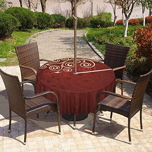 Lirduipu Burgundy Pattern Round Outdoor Tablecloth,Round Tablecloth with Umbrella Hole and Zipper for Patio Garden,Waterproof Spill-Proof,for Outdoor Umbrella Table(52" Round,Cream Ruby)