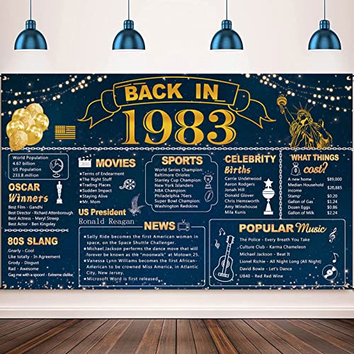 DARUNAXY 40th Birthday Blue Gold Party Decoration, Blue Back in 1983 Banner 40 Year Old Birthday Party Poster Supplies Vintage 1983 Backdrop 40th Class Reunion Photography Background for Men and Women