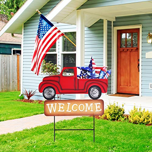 Whaline 4th of July Metal Yard Stakes Patriotic Yard Sign Spring Welcome Garden Stake Interchangeable Red Truck Garden Decor Set with Seasonal Sign Loads for Spring Fall Halloween Christmas, Set of 9