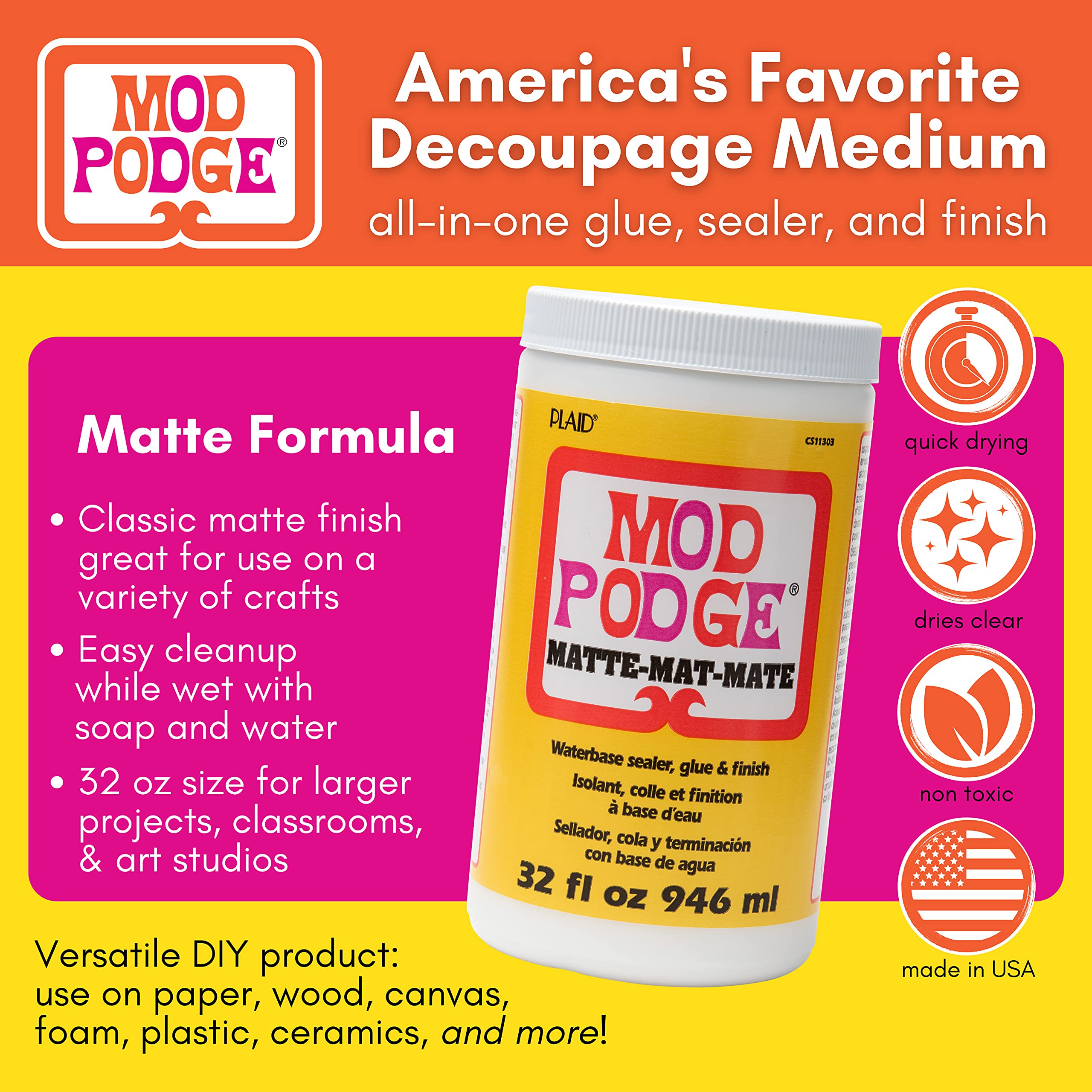 Mod Podge CS11303 Waterbase Sealer, Glue and Finish, 32 oz, Matte