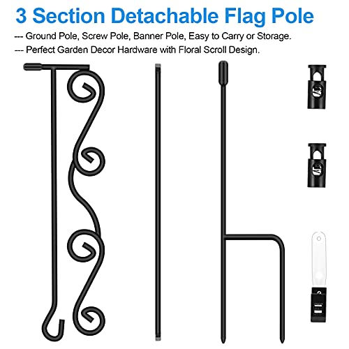 Garden Flag Pole Stand Holders, BONWIN Thickened Flagpole Stands for Garden Yard Lawn Flags, Powder Coated Weather-Proof Paint Metal with Spring Stoppers & Anti-Wind Clip, 36.34" H x 16.02" W (2 PACK)
