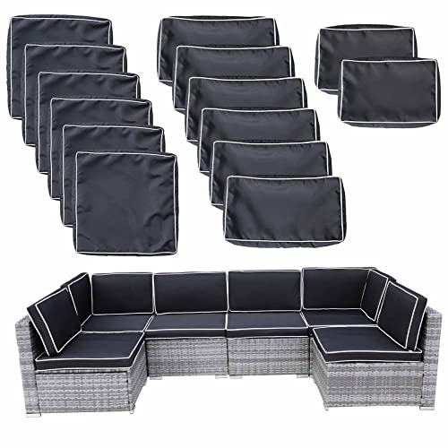 VIXLON Outdoor Patio Cushions Replacement Covers for Wicker Rattan Patio Furniture Conversation Set Outdoor Cushion Covers with Zipper Fit (Black+White Edge (Only Cover), 14 Piece Sets)