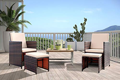 KaiMeng 4 Pieces Patio Furniture Space Saving Outdoor Brown Black Wicker Rattan Dining Sofa Chairs Cushioned Balcony Porch Sets with Ottomans (Beige)