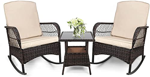 LEVELEVE 3 pcs Rocking Bistro Set Conversation Chairs PE Wicker Outdoor Rocking Chairs & Glass Table,for Porch Lawn Garden Backyard Deck
