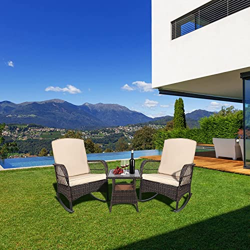 LEVELEVE 3 pcs Rocking Bistro Set Conversation Chairs PE Wicker Outdoor Rocking Chairs & Glass Table,for Porch Lawn Garden Backyard Deck