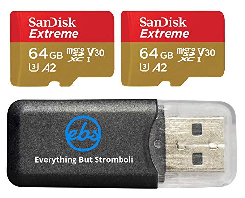 SanDisk 64GB Micro SDXC Extreme Memory Card (2 Pack) Works with GoPro Hero 8 Black, GoPro Max 360 Action Cam U3 V30 4K Class 10 (SDSQXA2-064G-GN6MN) Bundle with 1 Everything But Stromboli Card Reader