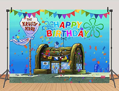 QHY 7x5ft Cartoon Animation Spongebob Theme Photography Backdrop Children Happy 1st Birthday Party Decorations Banner The Krusty Krab Photo Background Vinyl Baby Shower Booth Studio Props