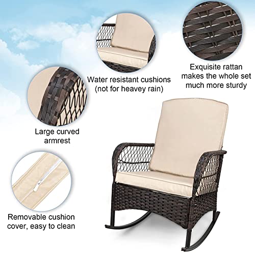 LEVELEVE 3 pcs Rocking Bistro Set Conversation Chairs PE Wicker Outdoor Rocking Chairs & Glass Table,for Porch Lawn Garden Backyard Deck
