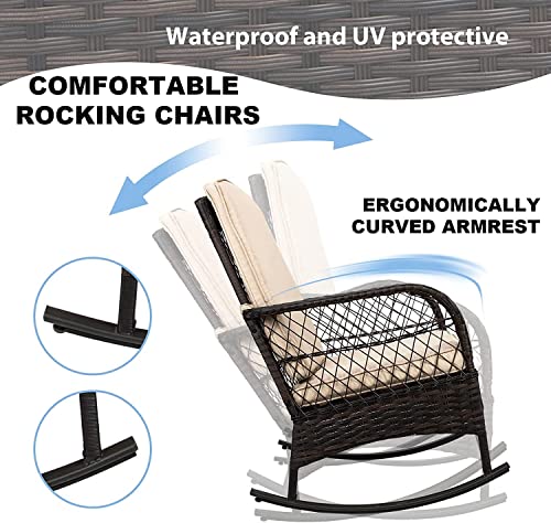 LEVELEVE 3 pcs Rocking Bistro Set Conversation Chairs PE Wicker Outdoor Rocking Chairs & Glass Table,for Porch Lawn Garden Backyard Deck