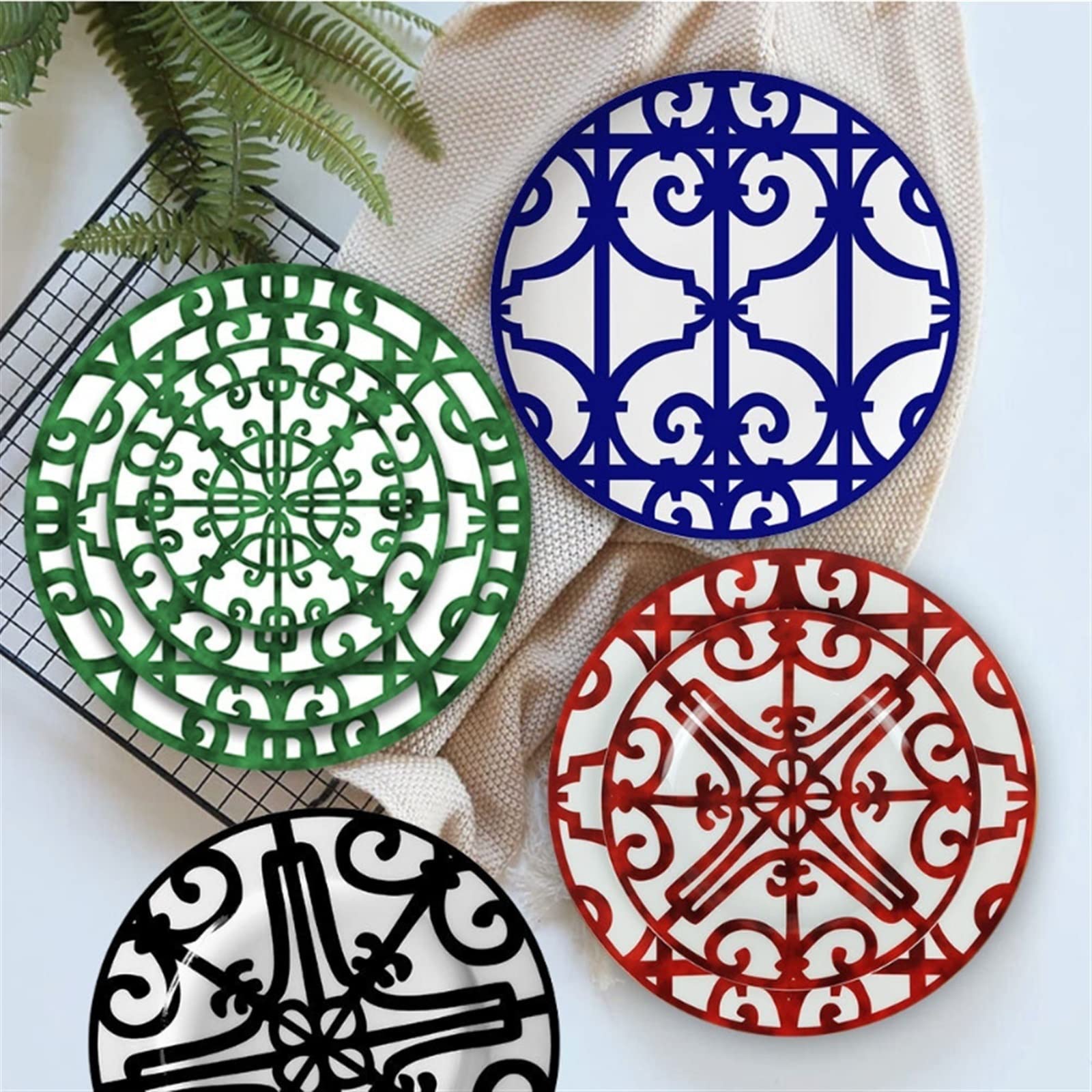 OUSIKA Plates Four-Piece Ceramic Plate Hand-Painted Red Art Creative Round Tableware Dinner Plate Set Wedding Pasta Charging Plate Plate (Color : Green)