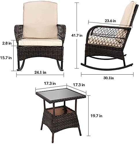 LEVELEVE 3 pcs Rocking Bistro Set Conversation Chairs PE Wicker Outdoor Rocking Chairs & Glass Table,for Porch Lawn Garden Backyard Deck