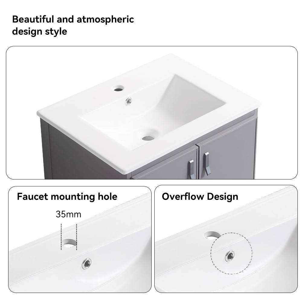 NOTOP 24" Floating Bathroom Vanity with White Ceramic Sink Comb, Modern Undermount Two Metal Soft Close Doors Wall-Mounted Cabinet Set for Small Space Saver Organizer,Grey, 24IN