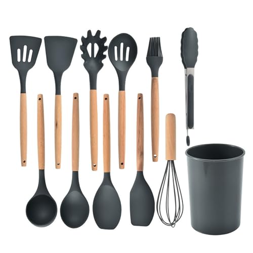 VETCS 12-Piece Silicone Kitchen Cooking Utensils Set with Holder,Heat-Resistant BPA Free Kitchen Tools,Dishwasher Safe,Black,12.5 * 33.2cm