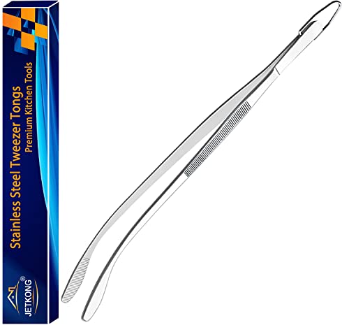 JETKONG 12-Inch Kitchen Tweezer Tongs Stainless Steel Cooking Tweezers Curved Tips Tweezers for Cooking, Grilling and Repairing