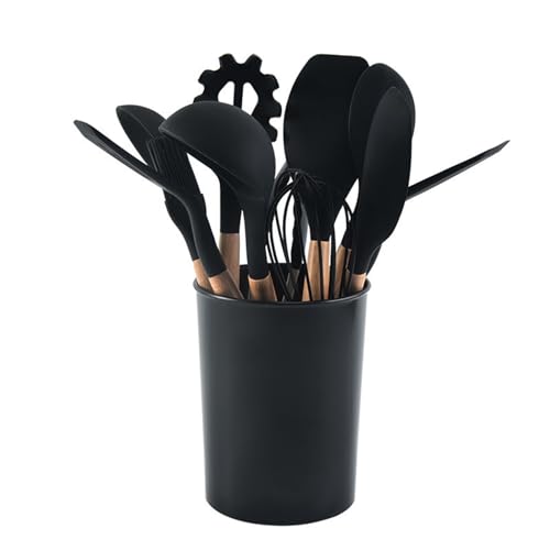 VETCS 12-Piece Silicone Kitchen Cooking Utensils Set with Holder,Heat-Resistant BPA Free Kitchen Tools,Dishwasher Safe,Black,12.5 * 33.2cm