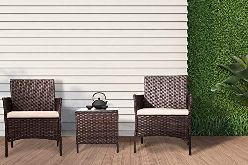 Tuoze Tozey 3 Pieces Patio Furniture PE Rattan Outdoor Conversation Set with Table Backyard Porch Garden Poolside Balcony (Brown)