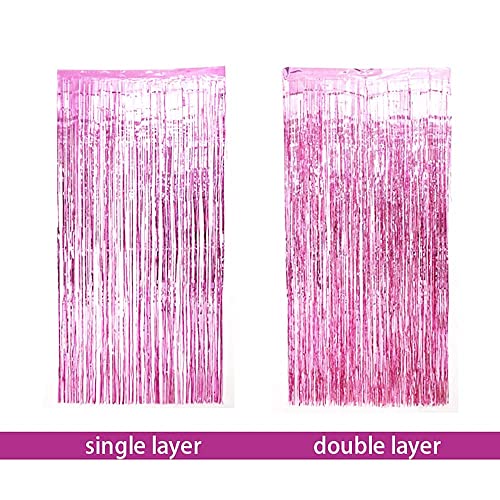 Pink Fringe Backdrop Curtain for Party Decorations - 6.5 x 6.5ft, Pack of 2 | LILF Pink Tinsel Backdrop for Pink Streamers Party Decor | Pink Foil Curtain for Birthday Party Photobooth Props