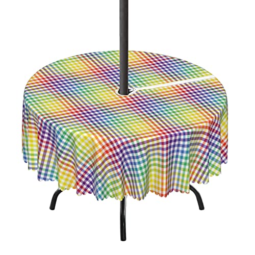 Lirduipu Checkered Pattern Round Outdoor Tablecloth,Outdoor Round Tablecloth with Umbrella Hole - Water Resistant Spillproof,for Patio Garden Tabletop Decor(52" Round,Multicolor)
