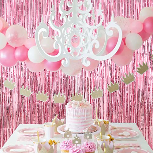 Pink Fringe Backdrop Curtain for Party Decorations - 6.5 x 6.5ft, Pack of 2 | LILF Pink Tinsel Backdrop for Pink Streamers Party Decor | Pink Foil Curtain for Birthday Party Photobooth Props