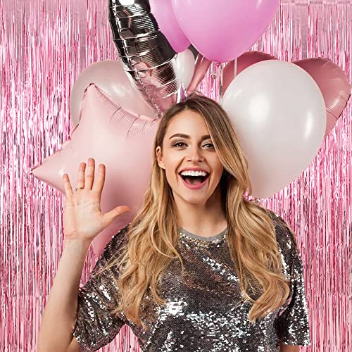 Pink Fringe Backdrop Curtain for Party Decorations - 6.5 x 6.5ft, Pack of 2 | LILF Pink Tinsel Backdrop for Pink Streamers Party Decor | Pink Foil Curtain for Birthday Party Photobooth Props