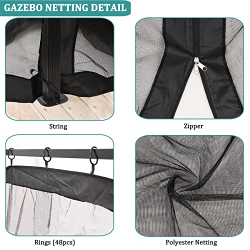 Durcover 10x12ft Universal Replacement Mosquito Netting, Gazebo Netting with Zippers for Outdoor Garden Patio Gazebo 4-Panel Screen Sidewalls, Black (Mosquito Net Only)