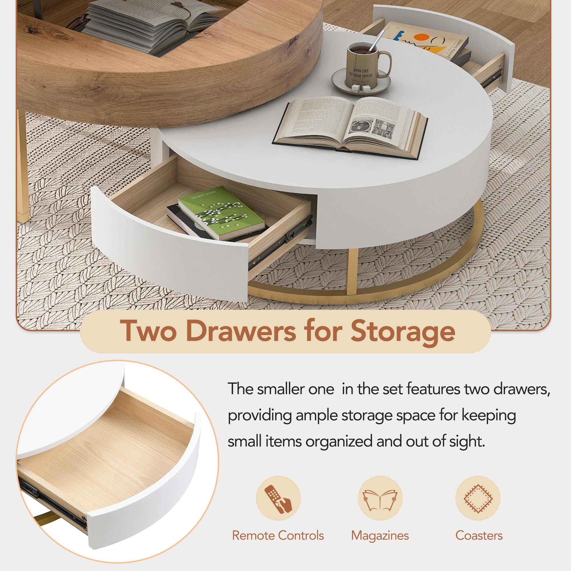 Modern Lift-top Coffee Table for Living Room, Set of 2 Round Nesting Coffee Table, Center Table with 2 Drawers, Suitable for Living Room and Office (Oak Natural Wood + Antique White)