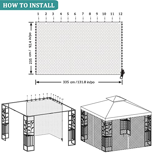 Durcover 10x12ft Universal Replacement Mosquito Netting, Gazebo Netting with Zippers for Outdoor Garden Patio Gazebo 4-Panel Screen Sidewalls, Black (Mosquito Net Only)