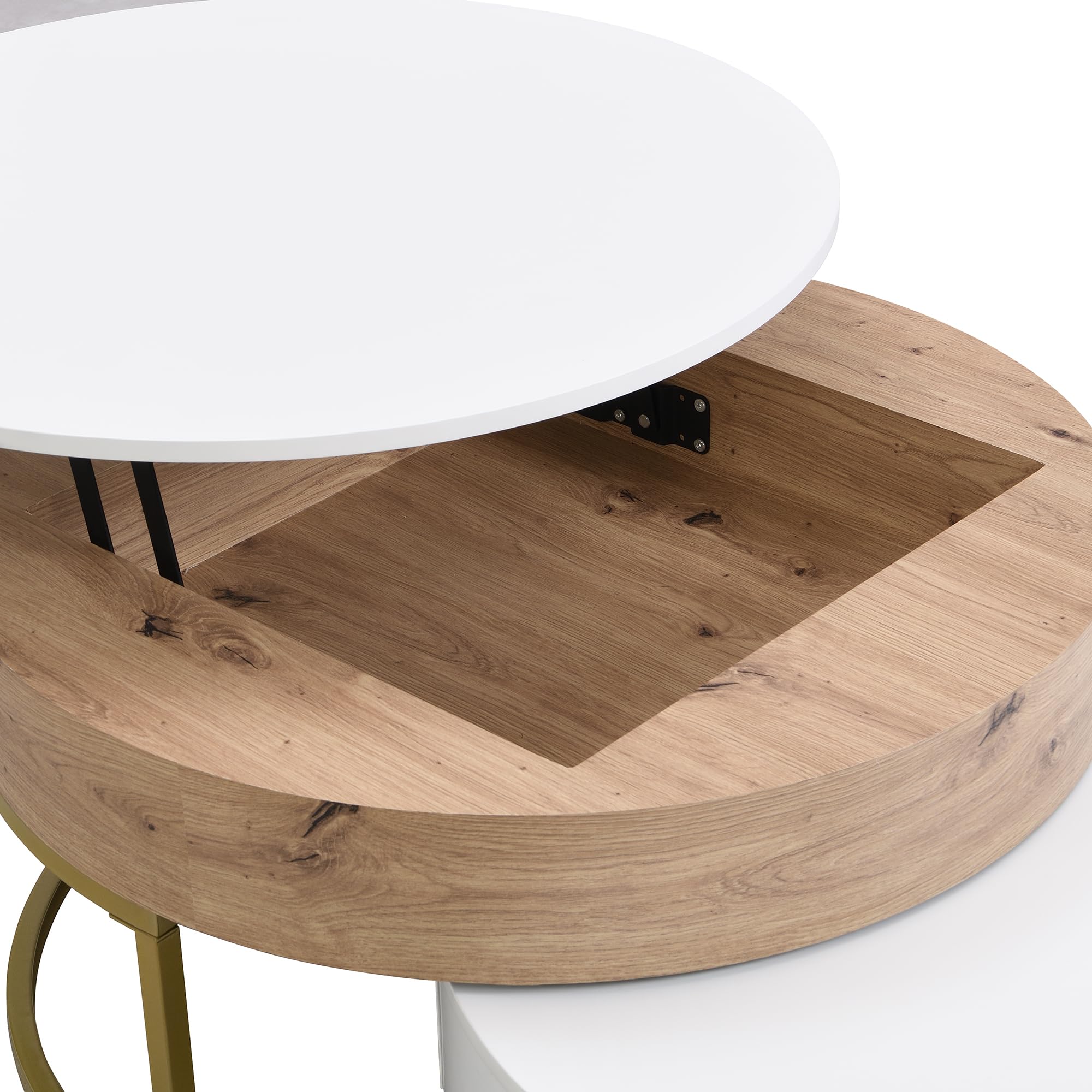 Modern Lift-top Coffee Table for Living Room, Set of 2 Round Nesting Coffee Table, Center Table with 2 Drawers, Suitable for Living Room and Office (Oak Natural Wood + Antique White)