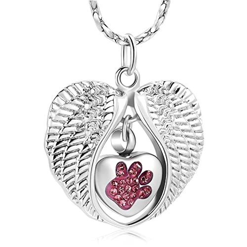 ADENLA Pink/Blue Crystal Dog Paw Heart Urn Necklace with Angel Wing Cremation Jewelry for Ashes of Pet Keepsake Memorial Pendant,1
