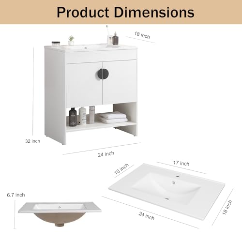 NOTOP 24" Bathroom Vanity with White Ceramic Sink Comb, Modern Freestanding Solid Wood Cabinet Set,Included Two Soft Close Doors with Black Zinc Alloy Handles & A Lower Open Shelf, 26IN