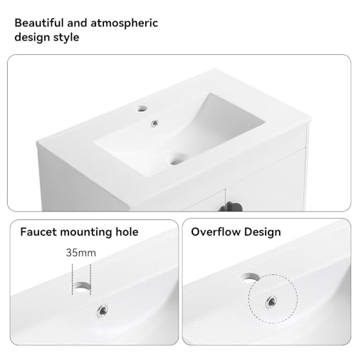 NOTOP 24" Bathroom Vanity with White Ceramic Sink Comb, Modern Freestanding Solid Wood Cabinet Set,Included Two Soft Close Doors with Black Zinc Alloy Handles & A Lower Open Shelf, 26IN