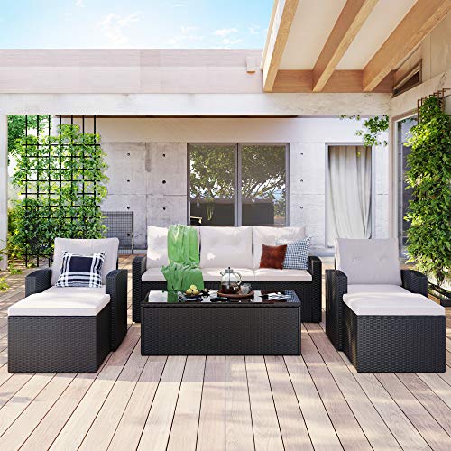 EMKK 6-Piece Outdoor Patio Furniture Set,All-Weather Wicker Pe Rattan Dining Conversation Sectional with Coffee Table, Ottomans, Removable Cushions (Black+Beige)
