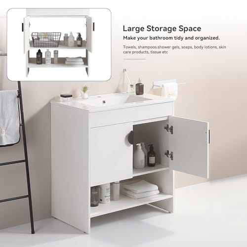 NOTOP 24" Bathroom Vanity with White Ceramic Sink Comb, Modern Freestanding Solid Wood Cabinet Set,Included Two Soft Close Doors with Black Zinc Alloy Handles & A Lower Open Shelf, 26IN