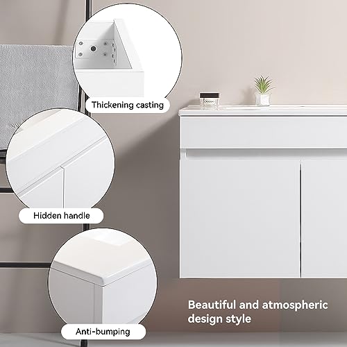 NOTOP 24" Floating Bathroom Vanity with White Ceramic Sink Comb, Modern Undermount Solid Wood Two Soft Close Doors Wall-Mounted Cabinet Set for Small Space Saver Organizer, 24IN