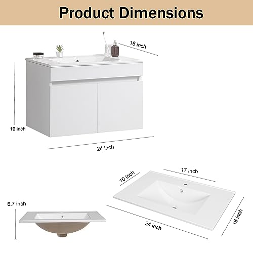 NOTOP 24" Floating Bathroom Vanity with White Ceramic Sink Comb, Modern Undermount Solid Wood Two Soft Close Doors Wall-Mounted Cabinet Set for Small Space Saver Organizer, 24IN