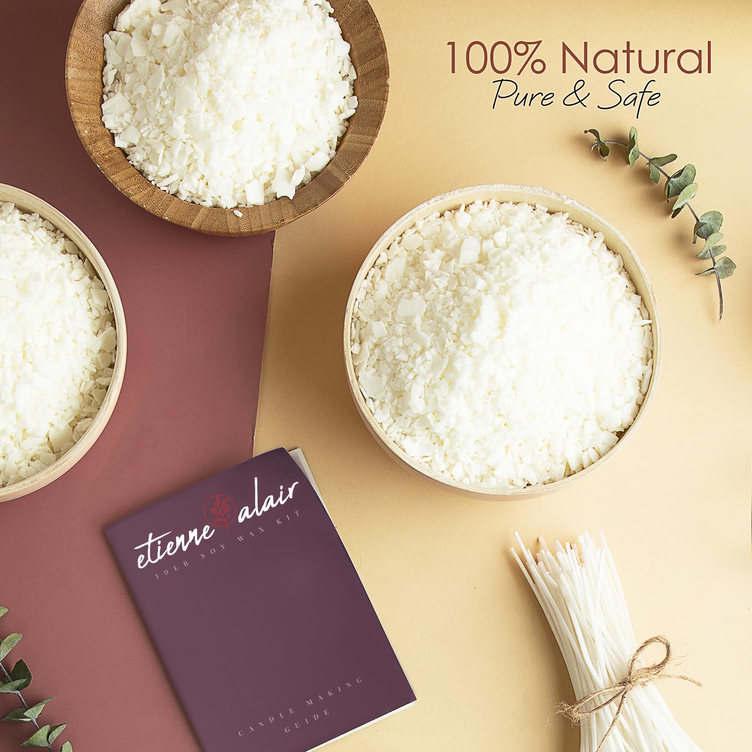 Etienne Alair Natural Soy Wax Kit - Includes; 10 Lbs Soy Candle Wax Flakes, 100 Cotton Wicks, 2 Wick Holders.