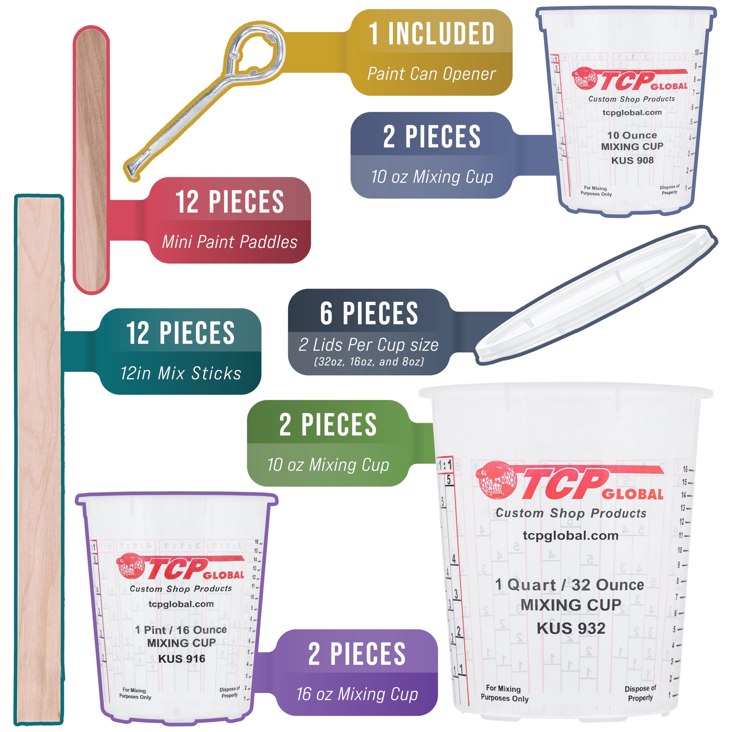 TCP GLOBAL Premium Paint Mixing Essentials Kit. Comes with 12 Mixing Cups, 6 Lids, 12 Wooden 12" Mixing Sticks, 12 Wooden Mini Mixing Paddles, 12 HQ 190 Mesh Paint Strainers & Paint Can Opener.