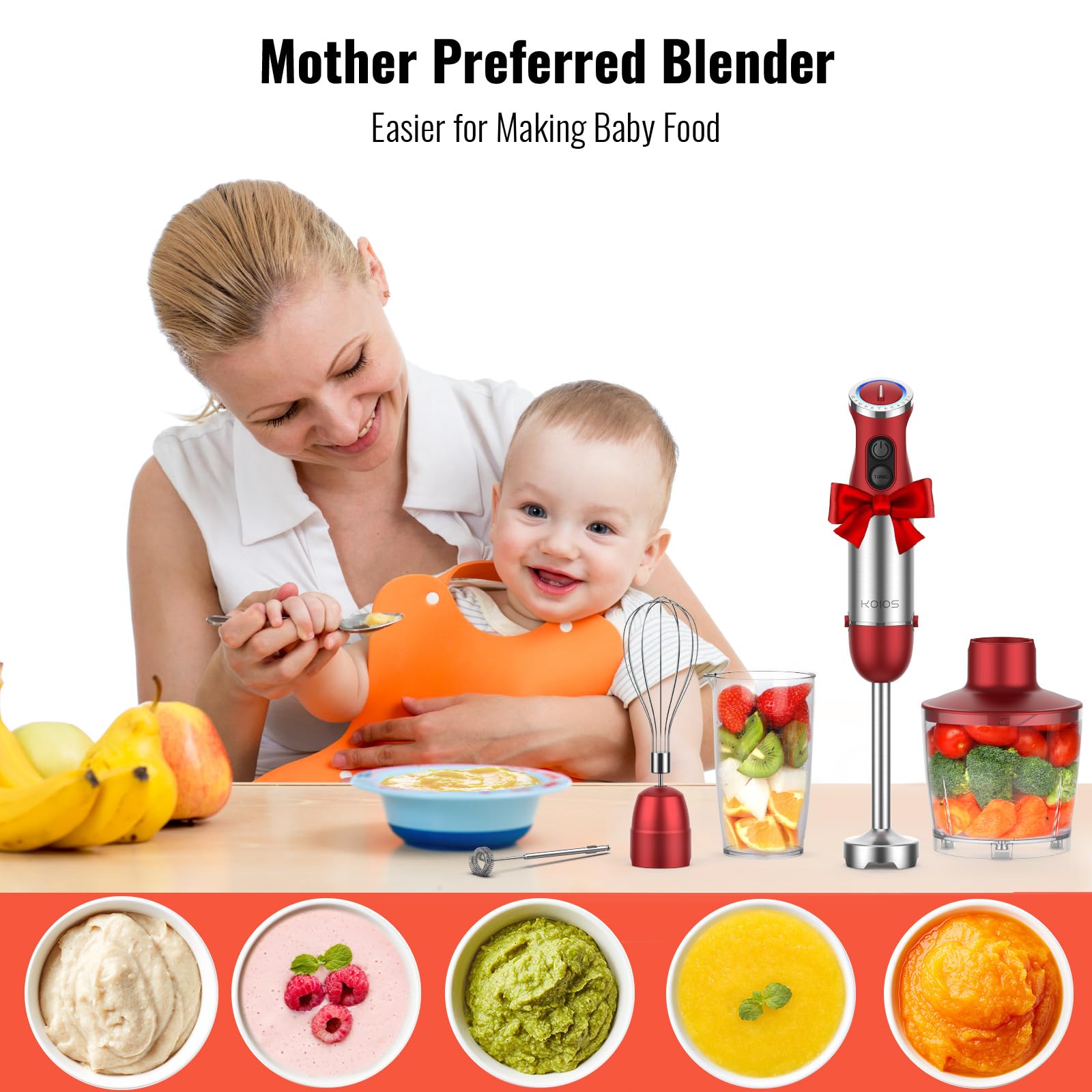 KOIOS 800W 4-in-1 Multifunctional Hand Immersion Blender, 12 Speed 304 Stainless Steel Stick Blender, Titanium Plated, 600ml Mixing Beaker, 500ml Food Processor, Whisk Attachment, BPA-Free, Red