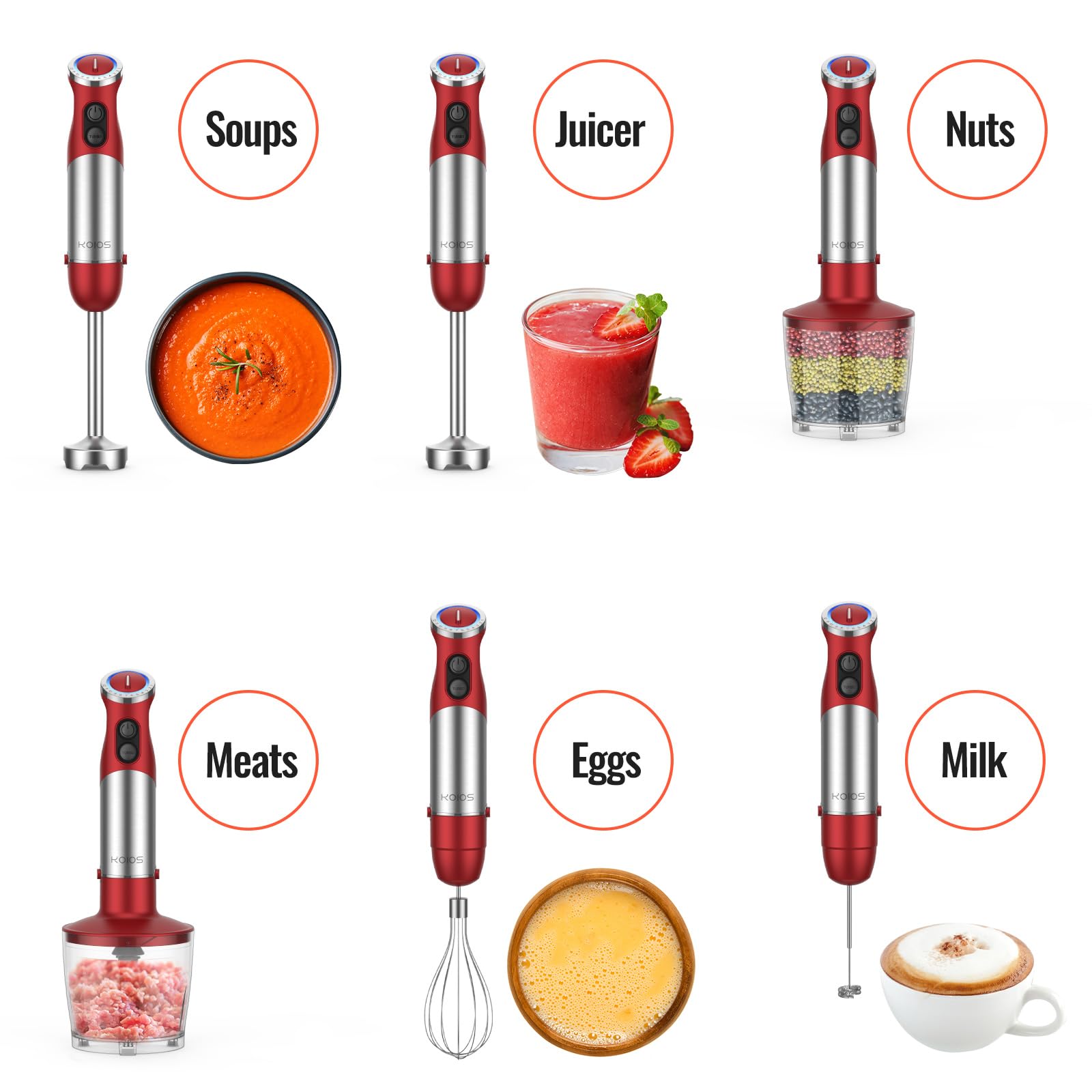 KOIOS 800W 4-in-1 Multifunctional Hand Immersion Blender, 12 Speed 304 Stainless Steel Stick Blender, Titanium Plated, 600ml Mixing Beaker, 500ml Food Processor, Whisk Attachment, BPA-Free, Red
